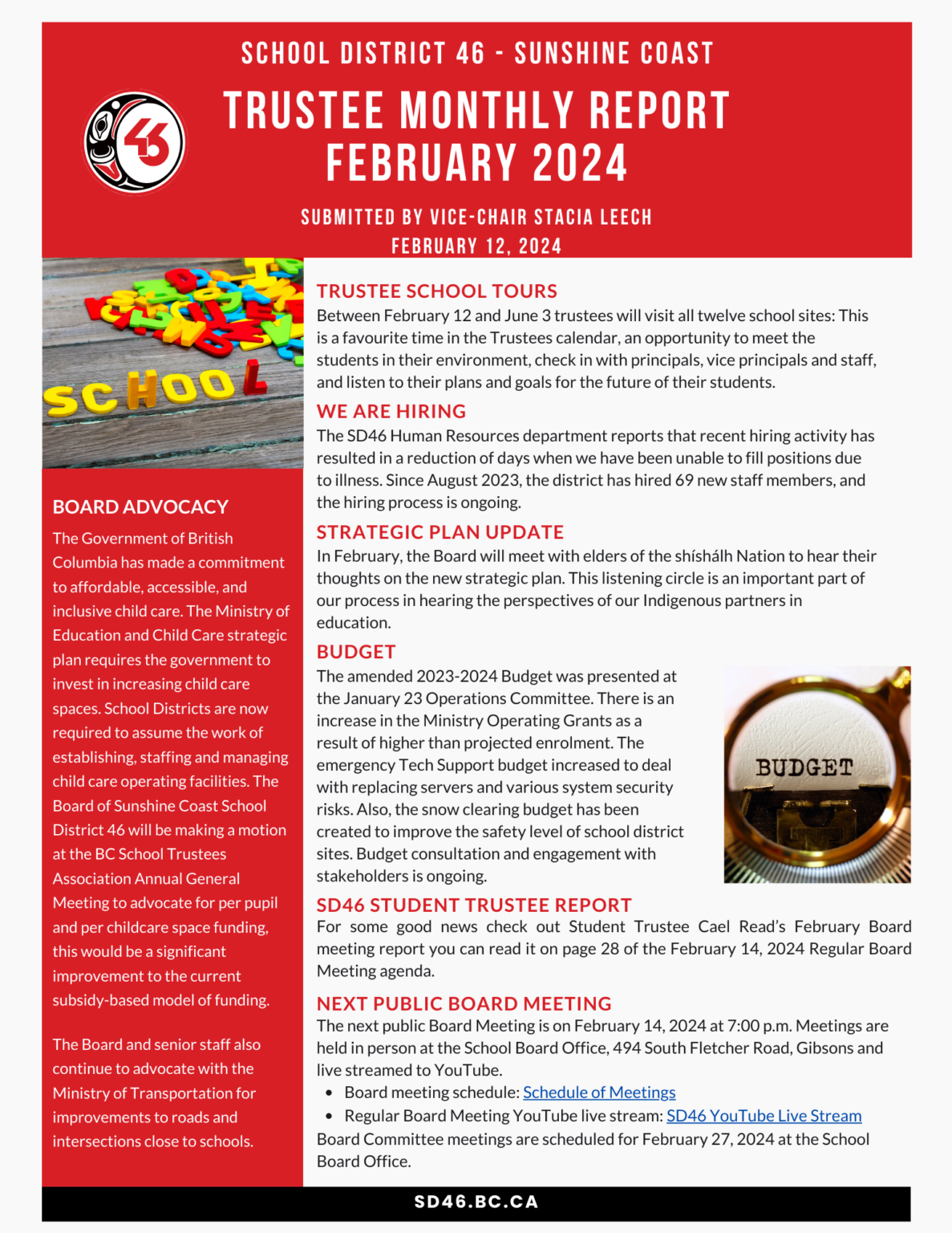 Trustee Monthly Report - February 2024 | School District 46