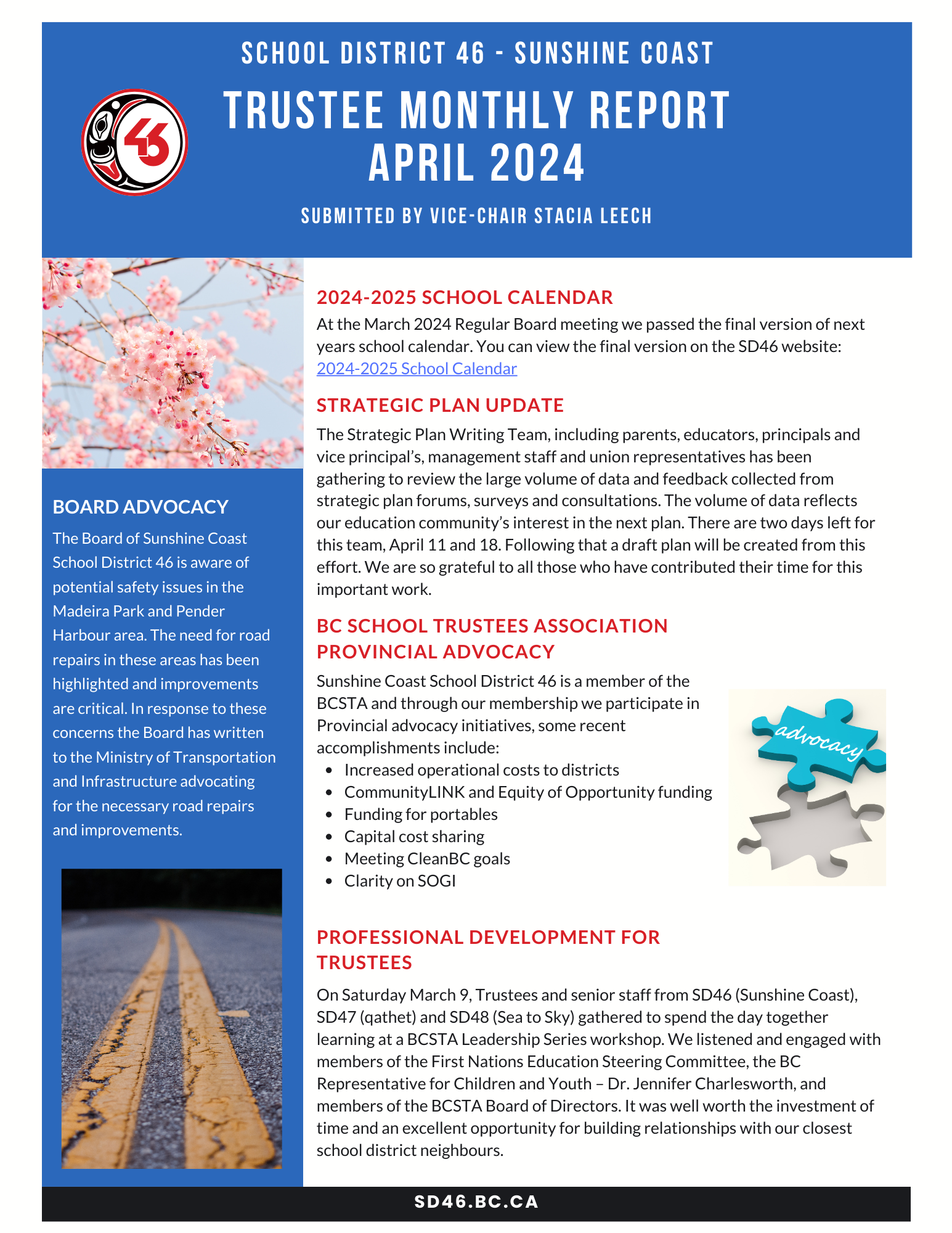 Trustee Monthly Report - April 2024 | School District 46